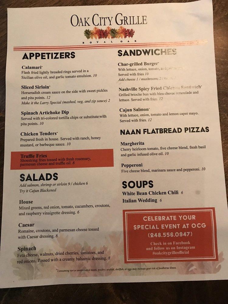 Menu at Oak City Grille steakhouse, Royal Oak