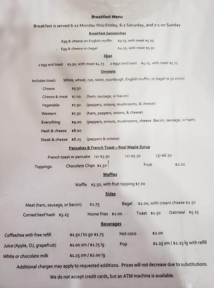 Menu at Prospector restaurant, Attica, 8 Main St