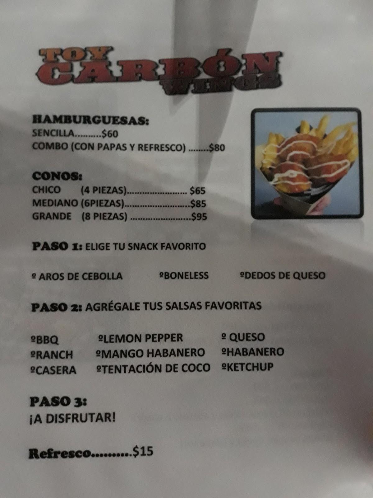 Menu at Toy Carbón Wings restaurant, Saltillo