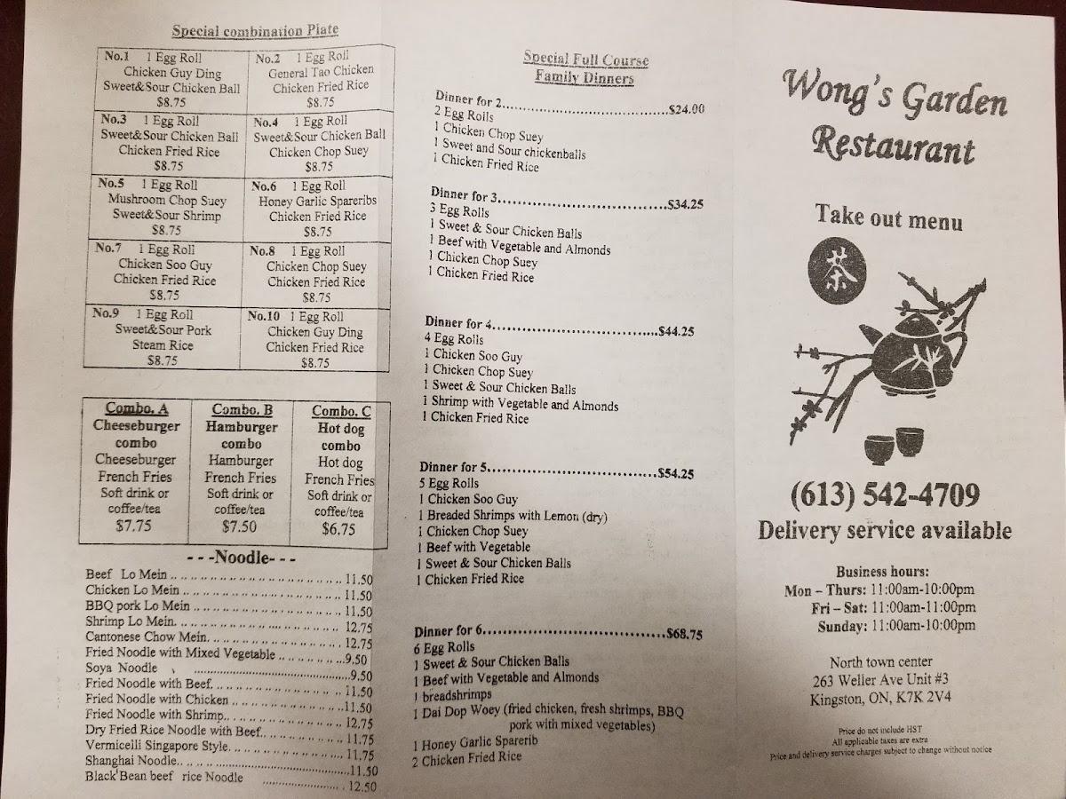 Menu at Wong's Garden Restaurant, Kingston