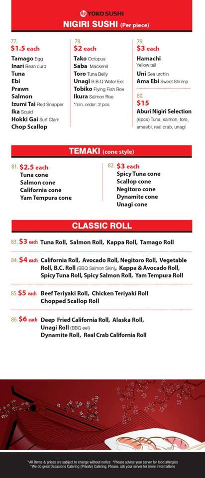 Menu at Yoko Sushi & noodles restaurant, Surrey