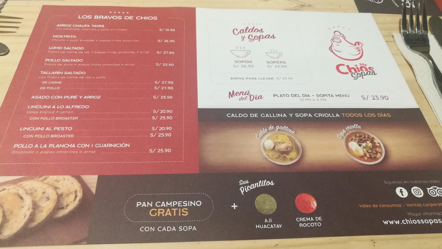 Menu at Chio's Soups restaurant, Lima