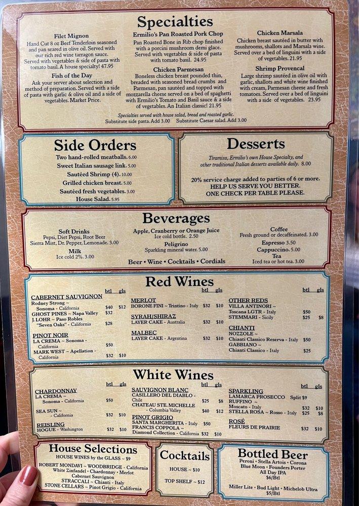 Menu at Ermilio's Italian Home Cooking restaurant, Eureka Springs