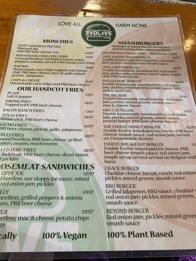 Menu at Evolve Modern Vegan Kitchen pub & bar, Daytona Beach