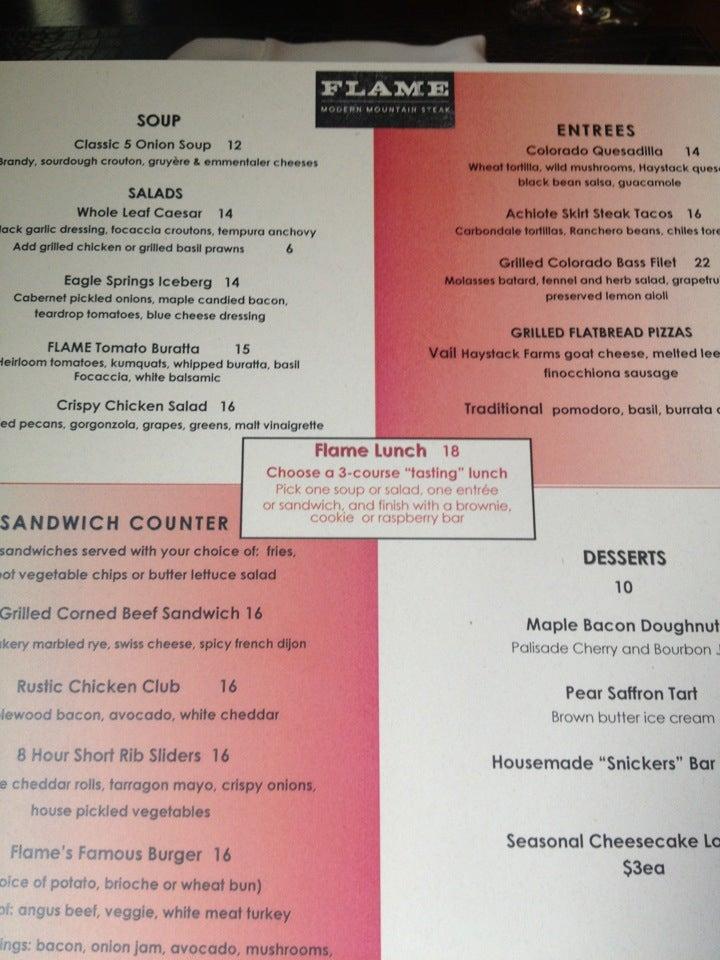 Menu at Flame steakhouse, Vail