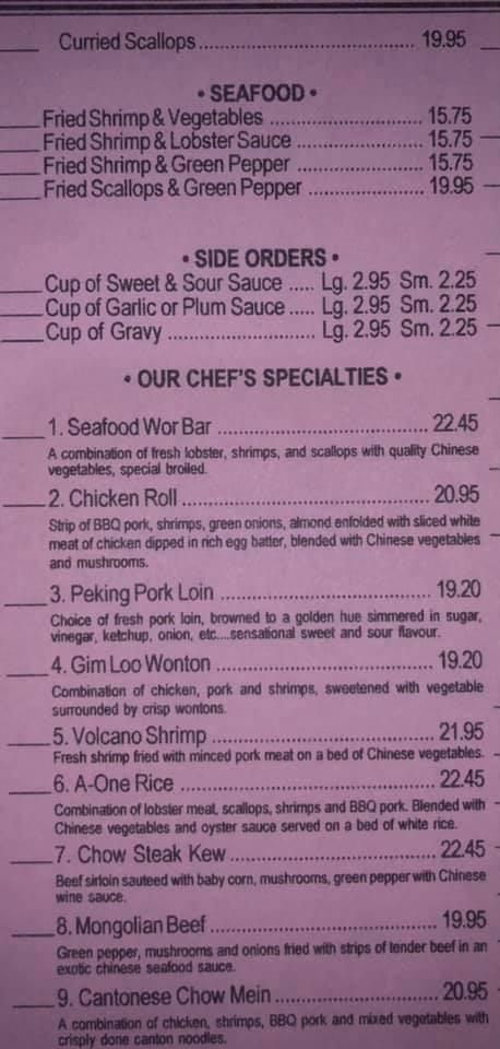 Menu at Huangs restaurant, Glace Bay