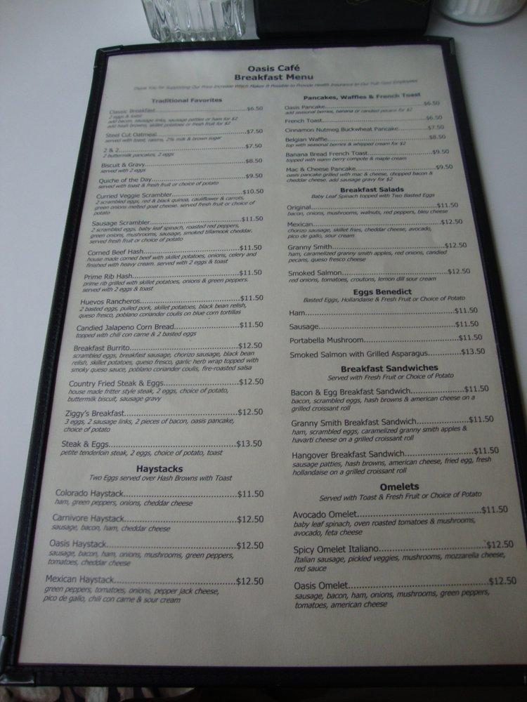 Menu at Oasis Cafe, Stillwater, 806 Main St S