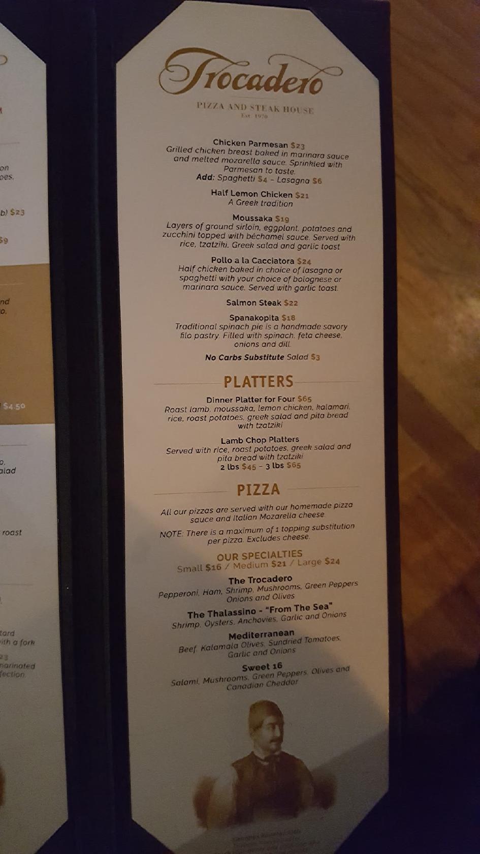 Menu at Trocadero Pizza & Steak House steakhouse, Vancouver