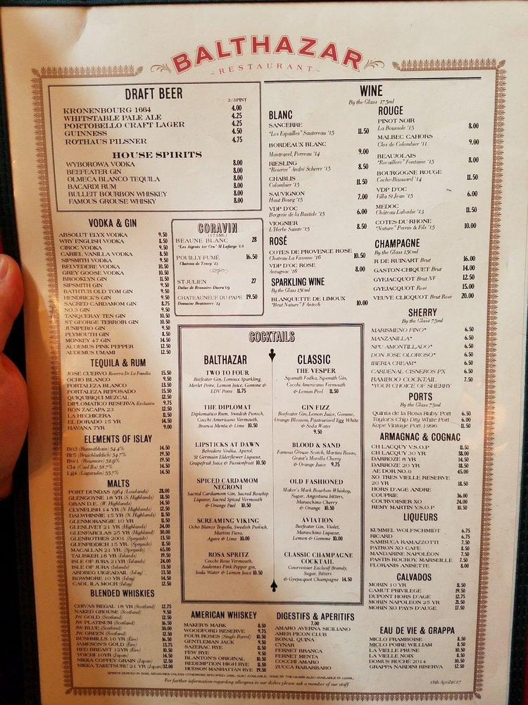 Menu at Balthazar restaurant, London