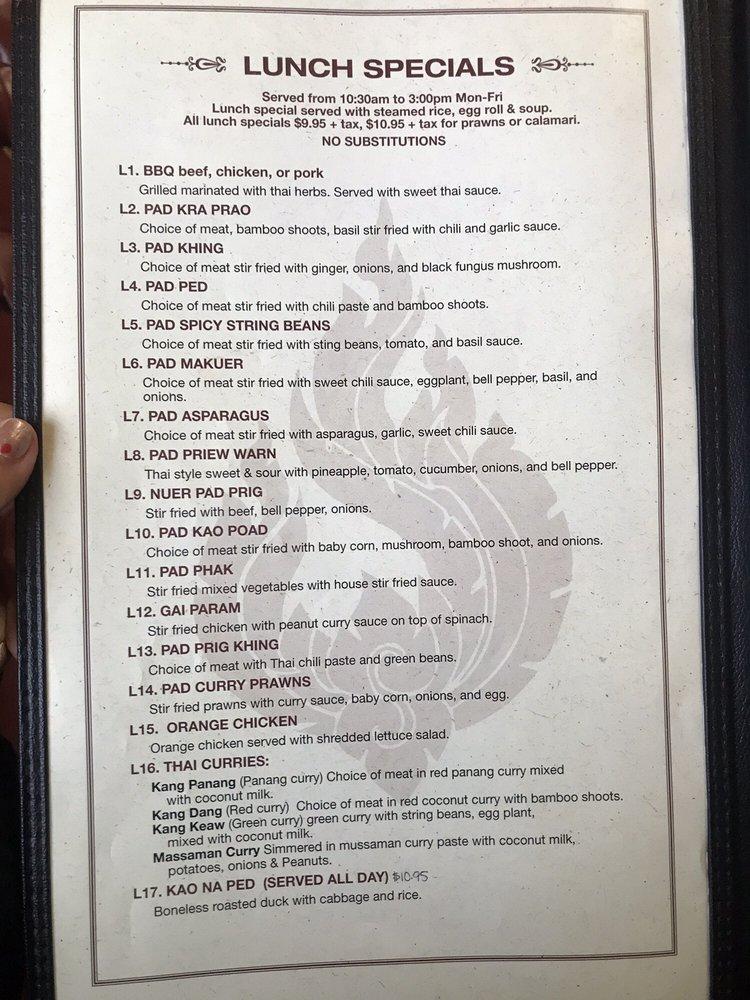 Menu at Bangkok Thai Restaurant, Merced