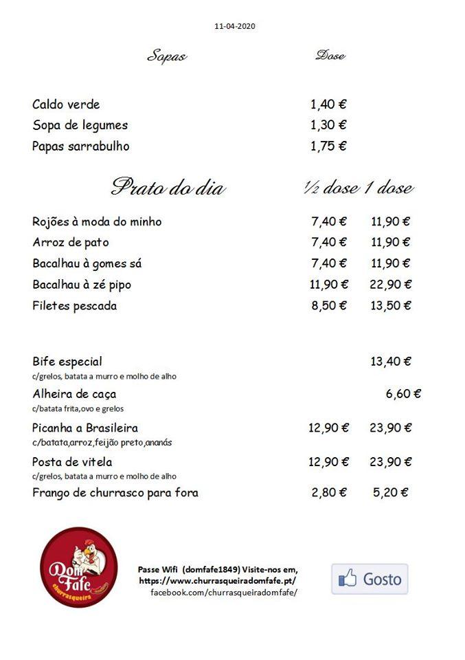 Menu at CHURRASQUEIRA DOM FAFE restaurant, Porto