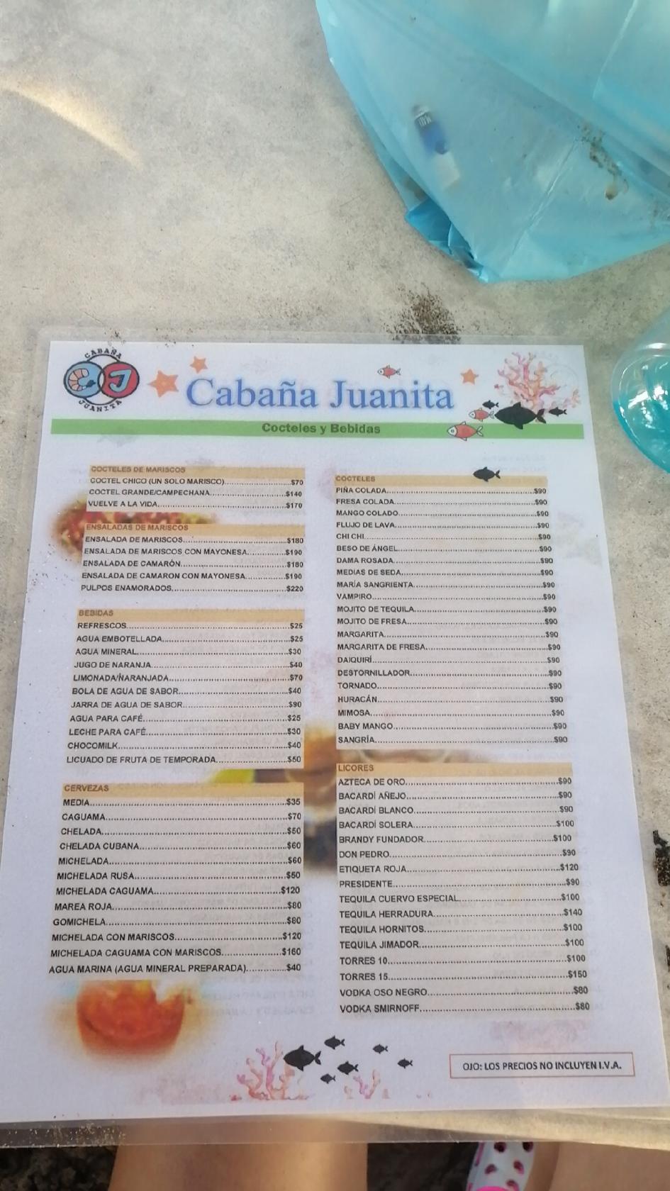 Menu at Cabaña Juanita restaurant, Playa de Chachalacas