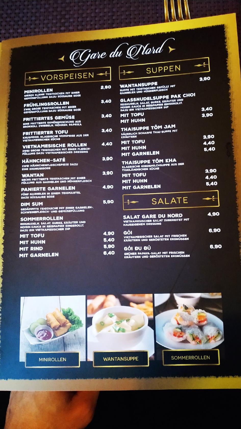 Menu at Gare du Nord restaurant, Aachen