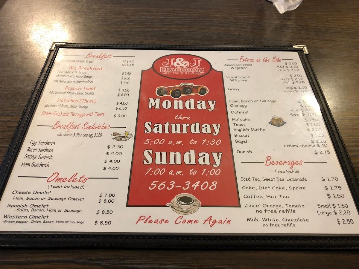 Menu at J & J Road House restaurant, Brookston