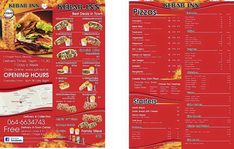 Menu at Kebab Inn killarney pizzeria, Killarney