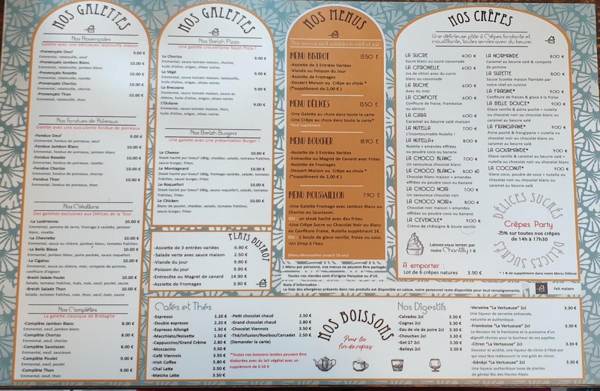Menu au Les Délices de la Tour restaurant, Langogne, 1 Pl. de la Halle