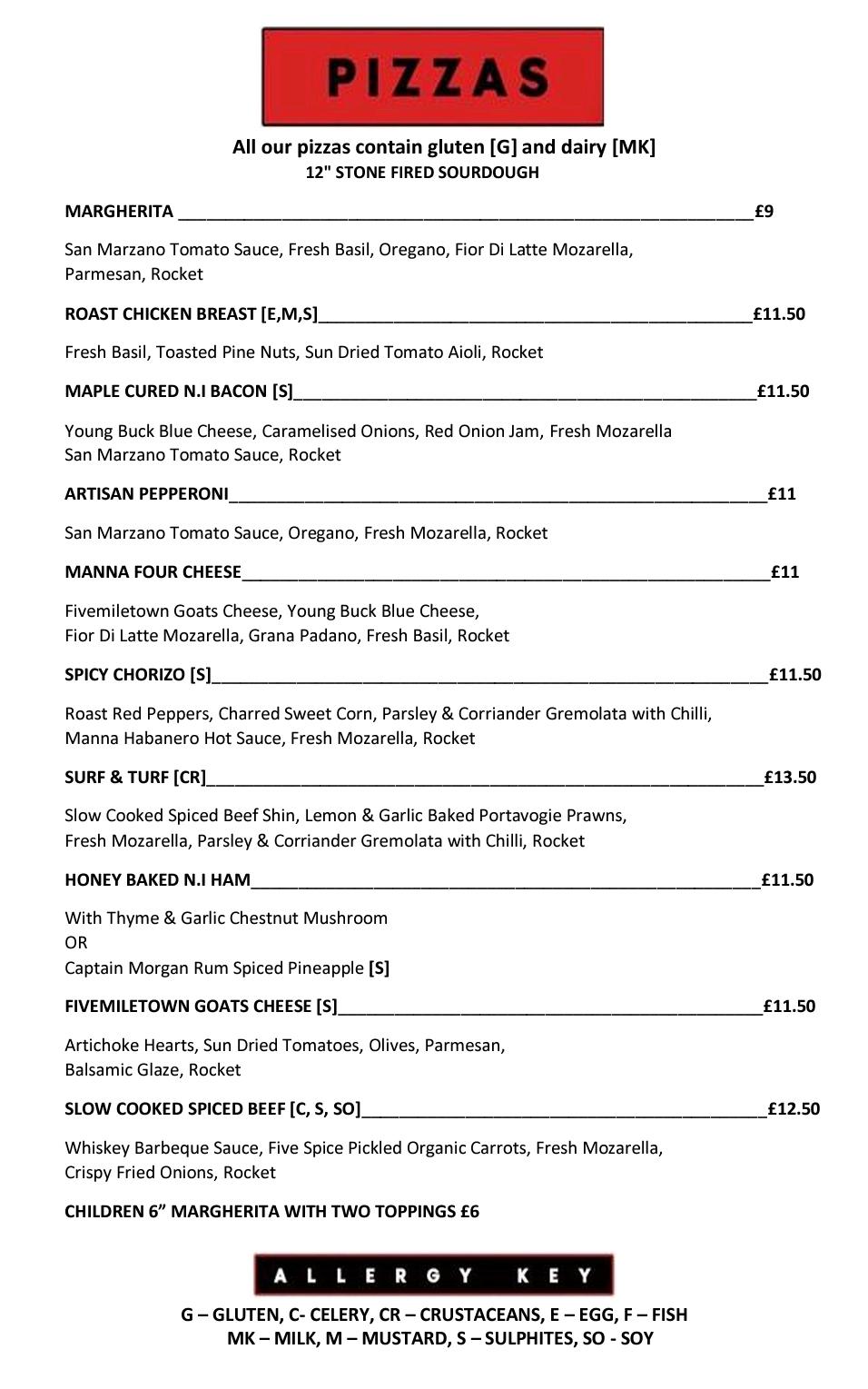 Menu at Manna Pizza restaurant, Bangor