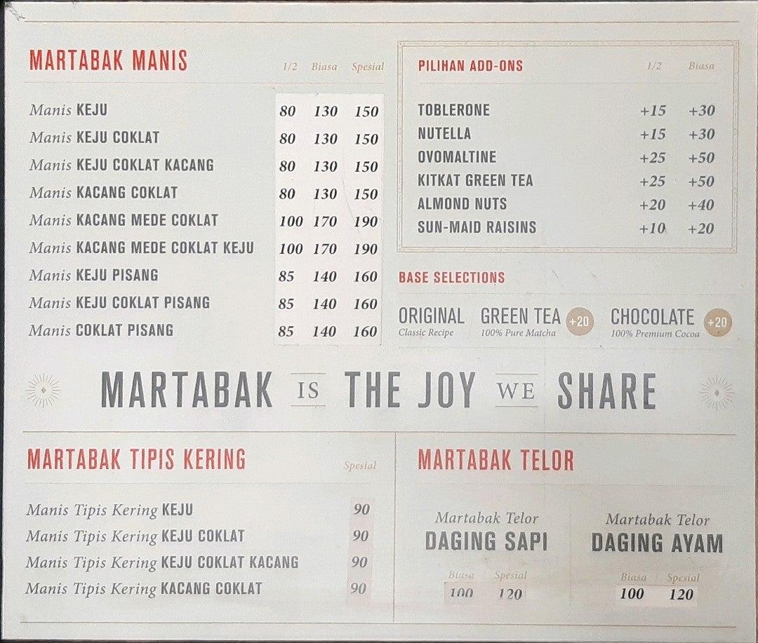 Menu at Martabak Pecenongan 43 - Senopati restaurant, South Jakarta, Jl ...