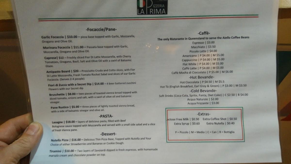 Carta de Pizzeria La Prima, Springfield Central, 3/1 Ian Keilar Dr