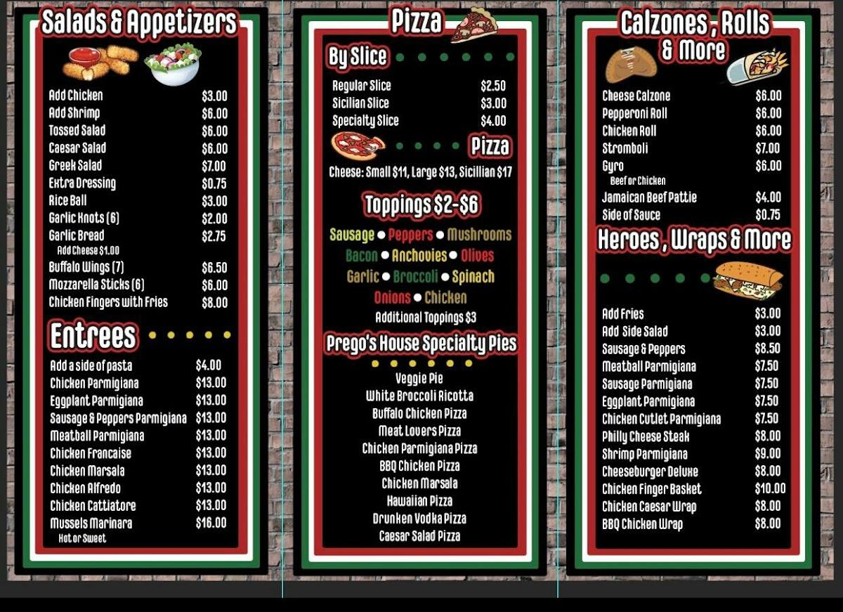 Menu at Prego's Pizza pizzeria, Parsippany-Troy Hills