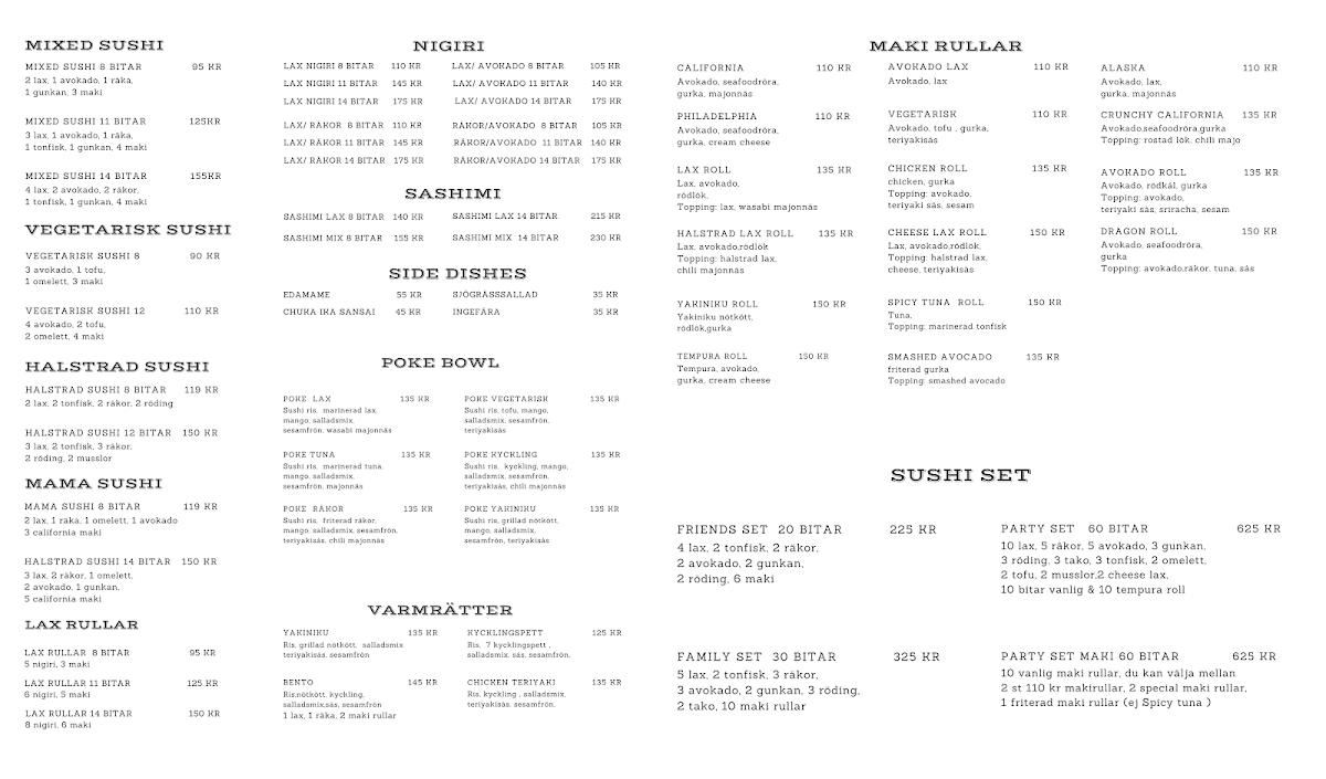 Menu at Sushi tree restaurant, Vetlanda