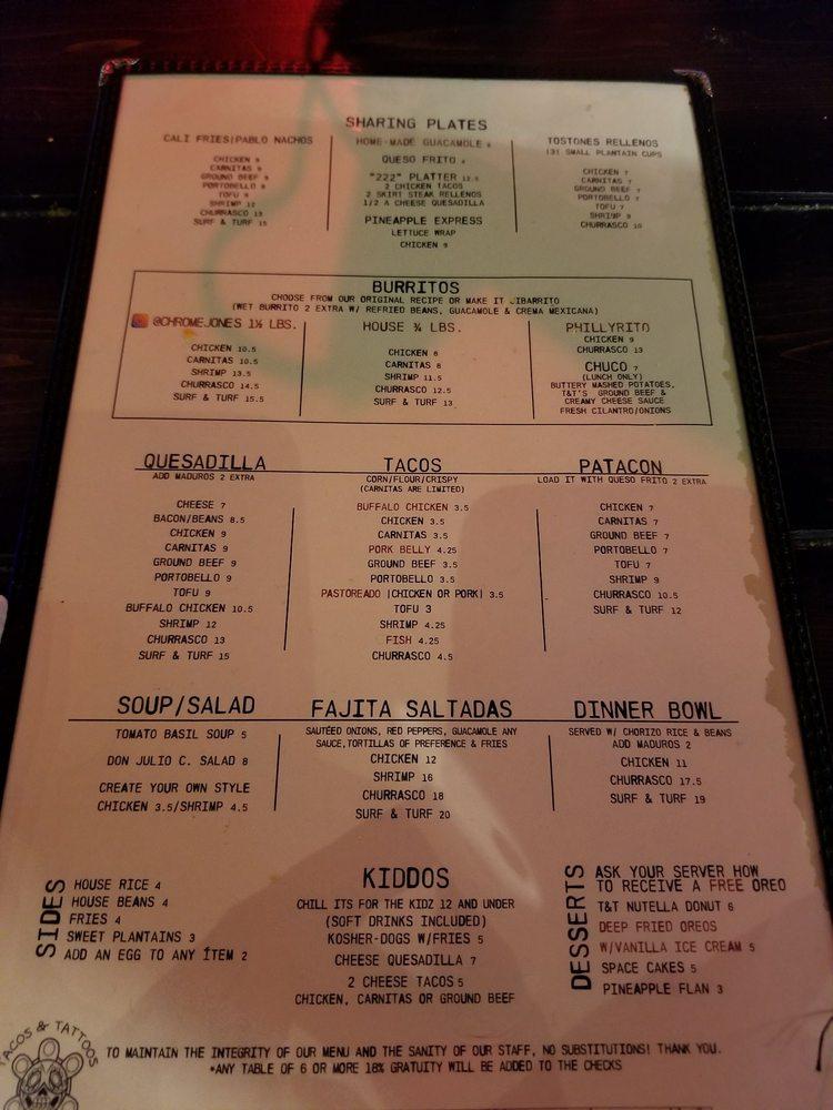 Menu at Tacos & Tattoos restaurant, Miami, SW 104th St