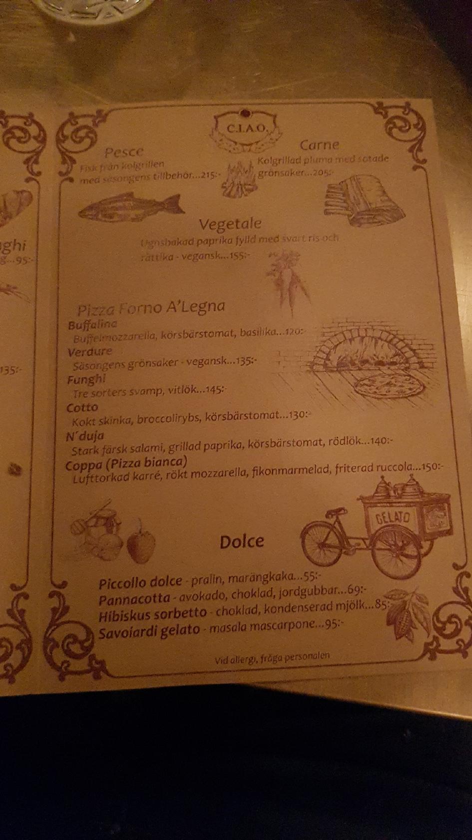 Menu at Ciao pizzeria, Malmö