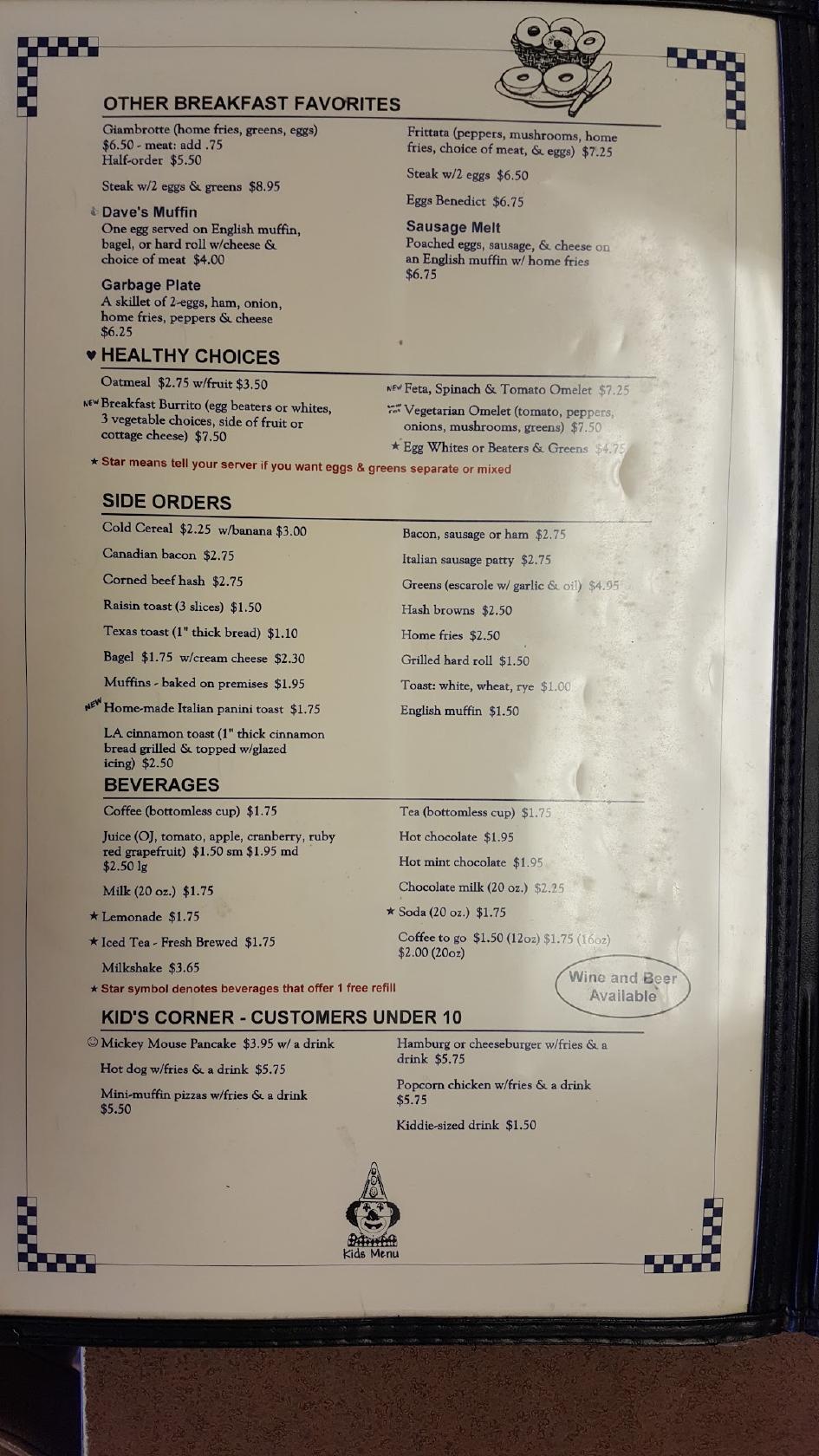 Menu at Dave's Diner restaurant, Utica