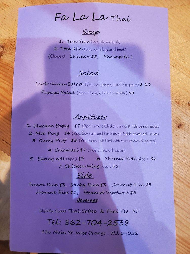 Menu at Fa La La Thai restaurant, West Orange