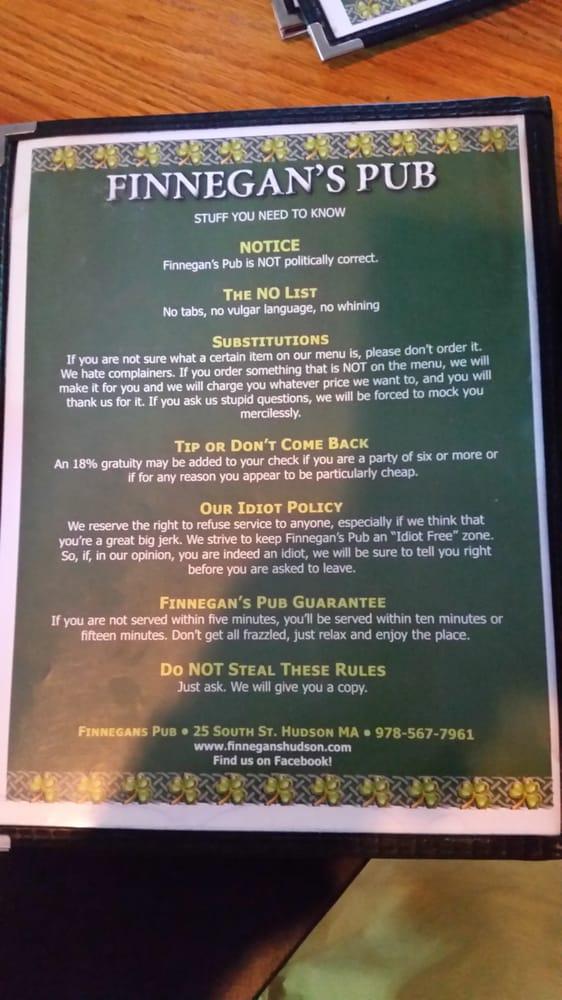 Menu at Finnegan's Pub, Hudson