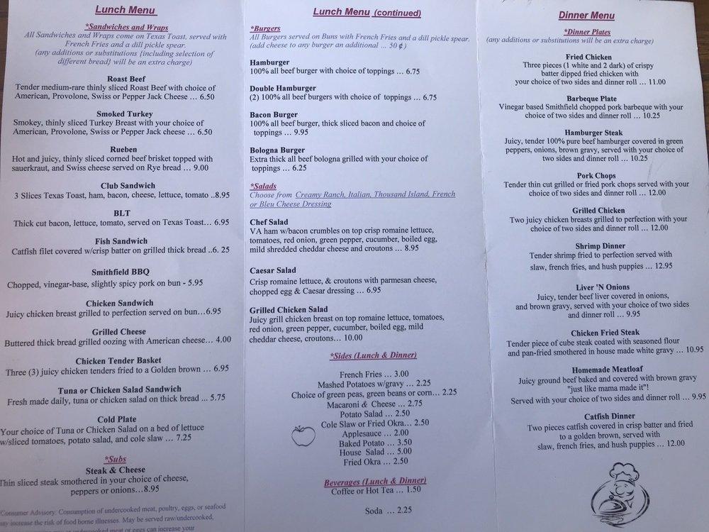 Menu at Patsy's restaurant, Providence Forge