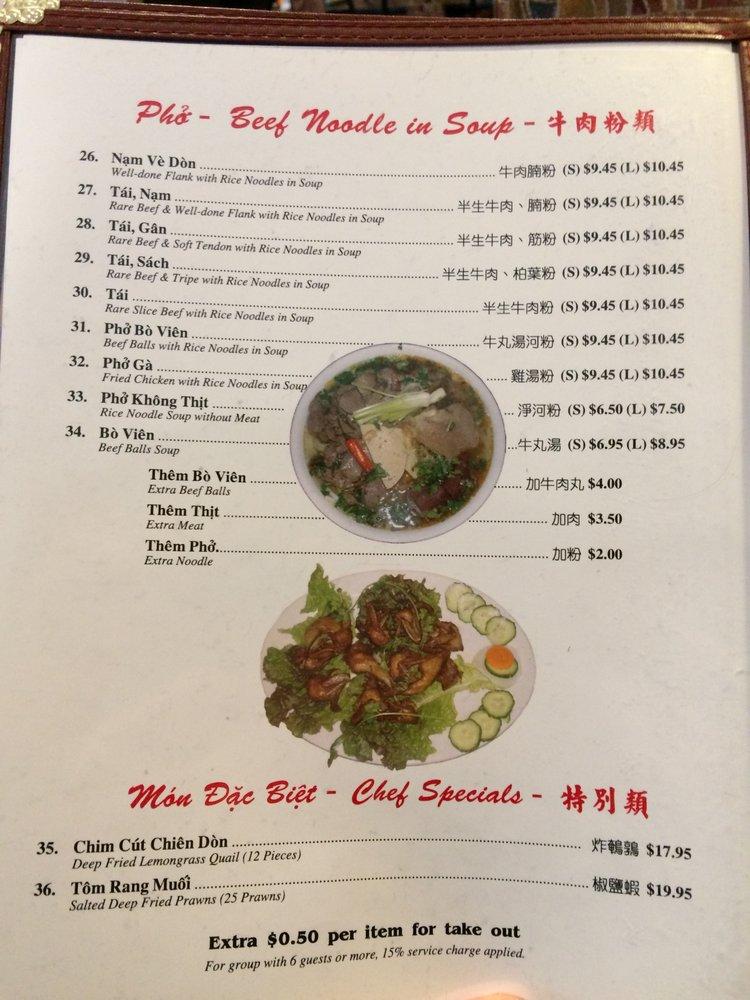 Menu at Pho Song Huong Vietnamese Restaurant, Edmonton