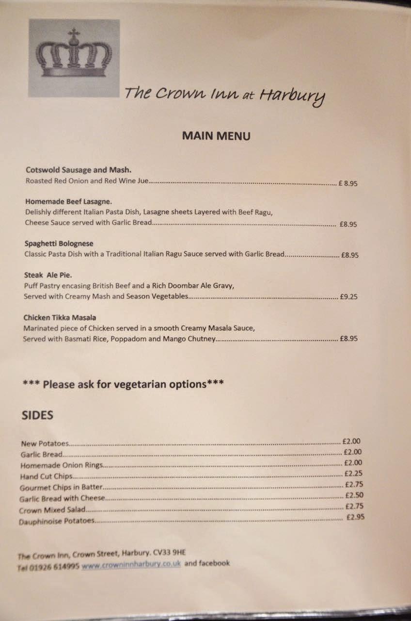 Menu at The Crown Inn Café and Public House Harbury, Ufton