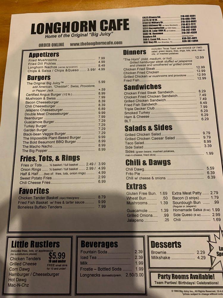 Menu at The Longhorn Cafe, San Antonio, W Hausman Rd #102