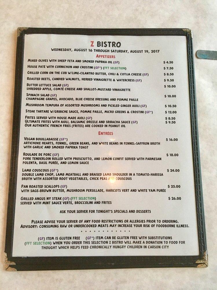 Menu at Z Bistro restaurant, Carson City