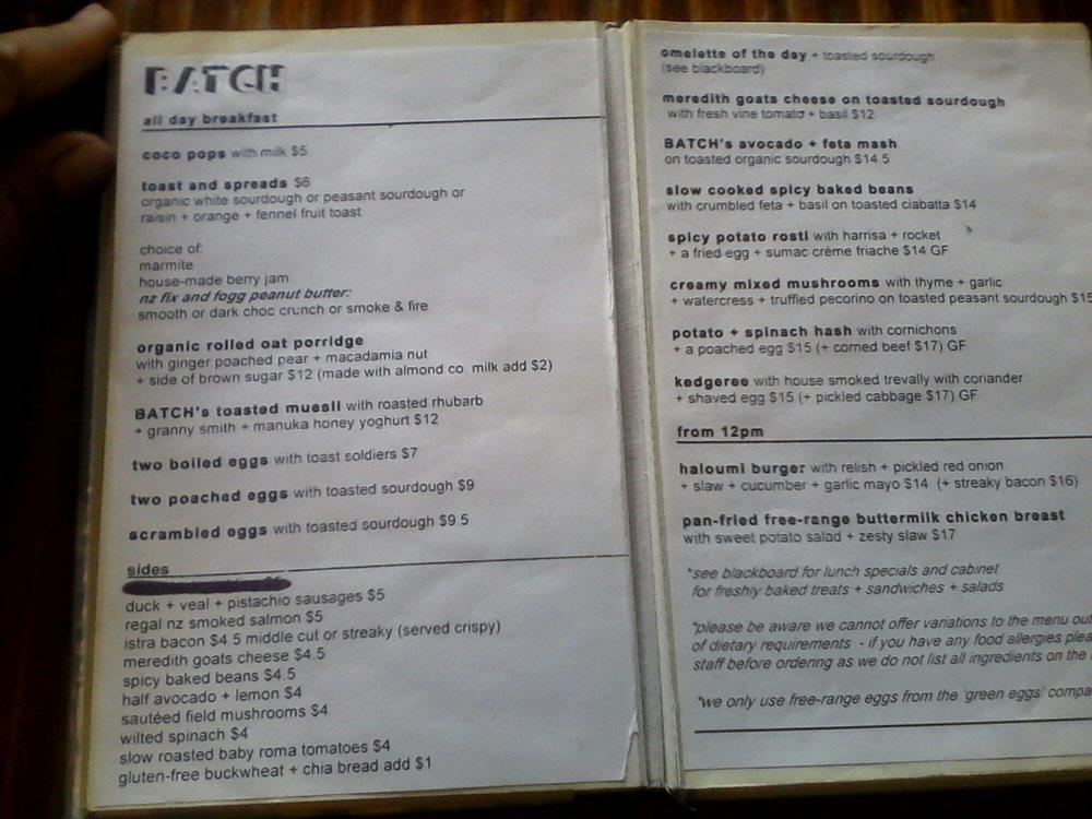 Menu at Batch Espresso restaurant, Balaclava