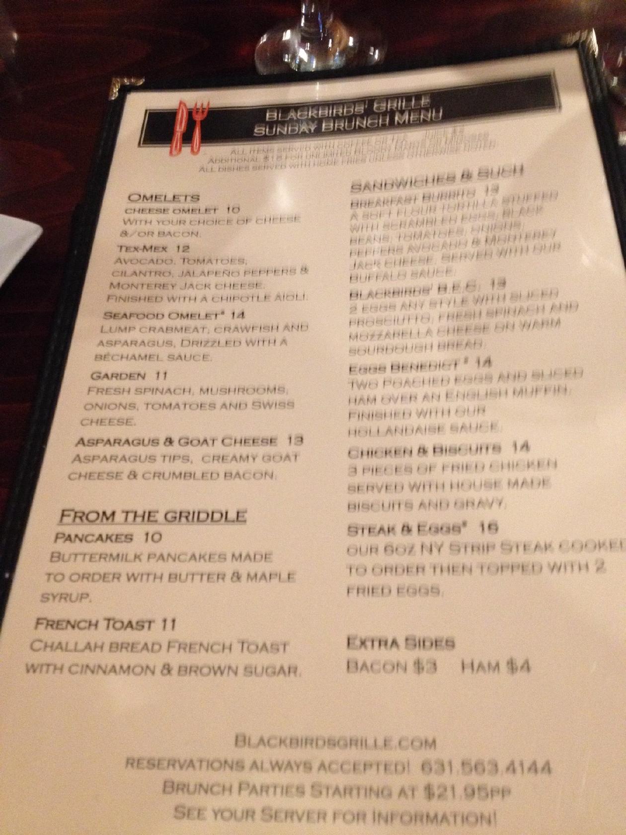Menu at Blackbirds' Grille pub & bar, Sayville