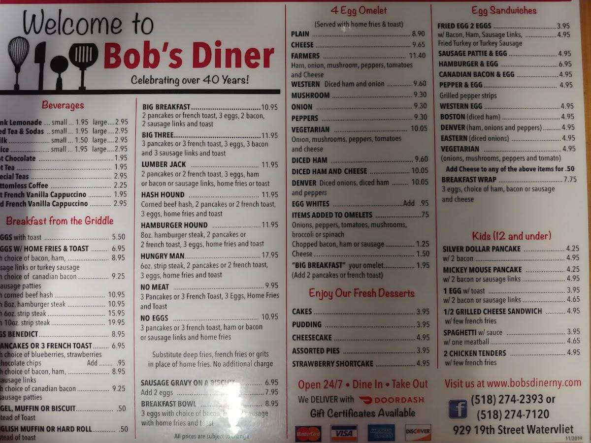 Menu at Bob's Diner restaurant, Watervliet