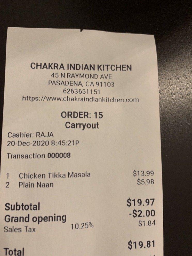 Menu at Chakra Indian Kitchen restaurant, Pasadena