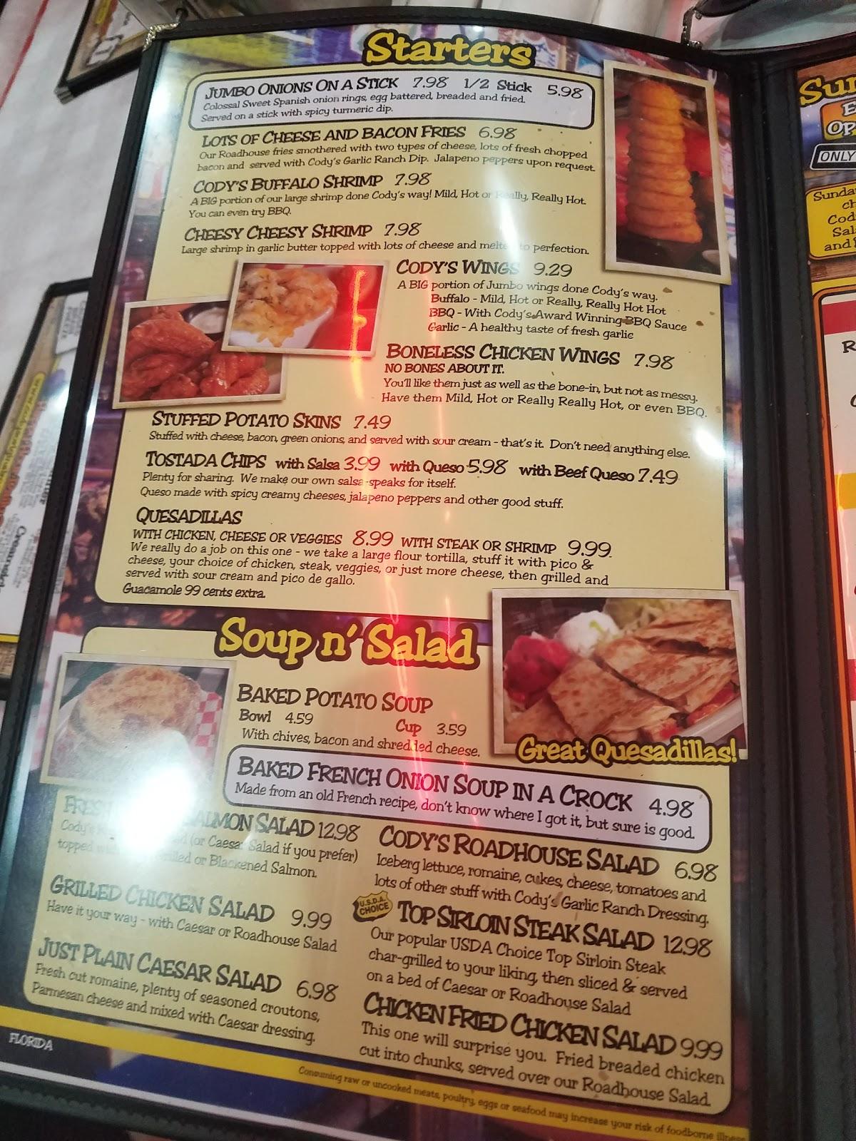 Menu at Cody's Original Roadhouse - Sebring pub & bar, Sebring