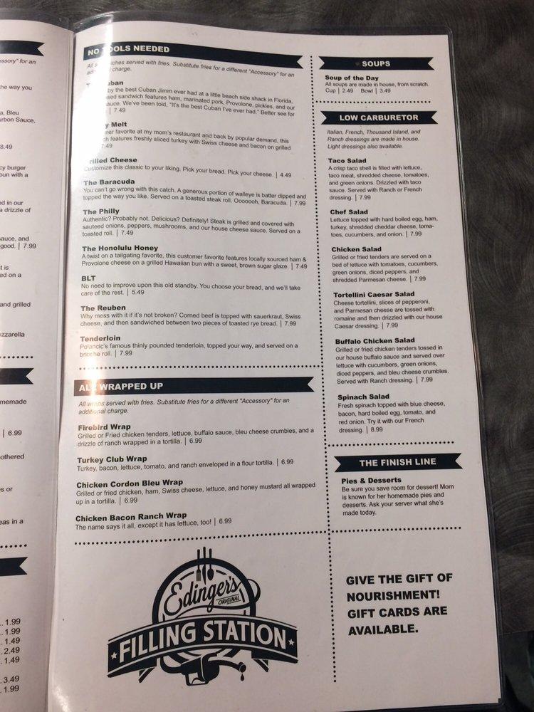 Menu at Edinger's Filling Station restaurant, Pontiac