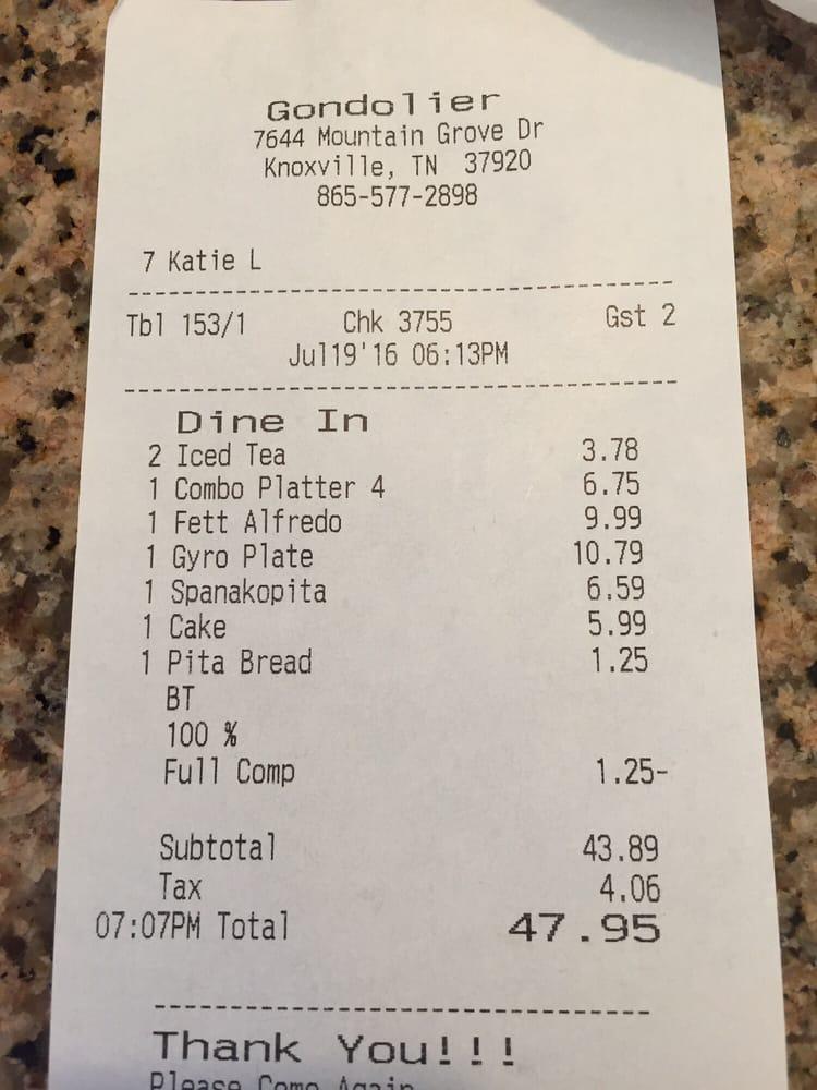 Menu at Gondolier Pizza pizzeria, Knoxville, Mountain Grove Dr