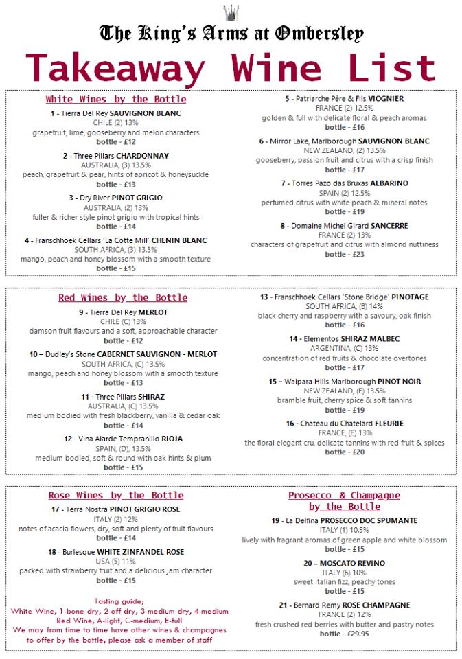 Menu at King's Arms pub & bar, Ombersley, Main Road
