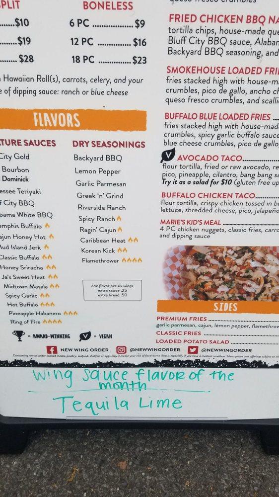 Menu at New Wing Order, Memphis