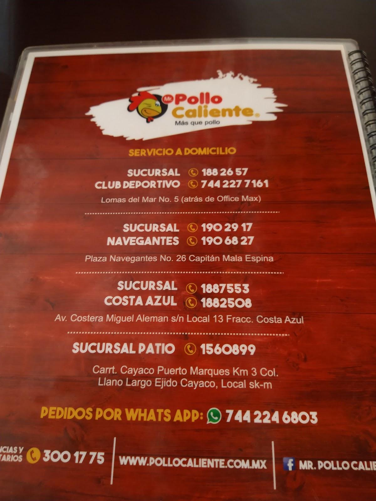 Menu at Pollo Caliente restaurant, Acapulco, Av Costera Miguel Alemán 3124