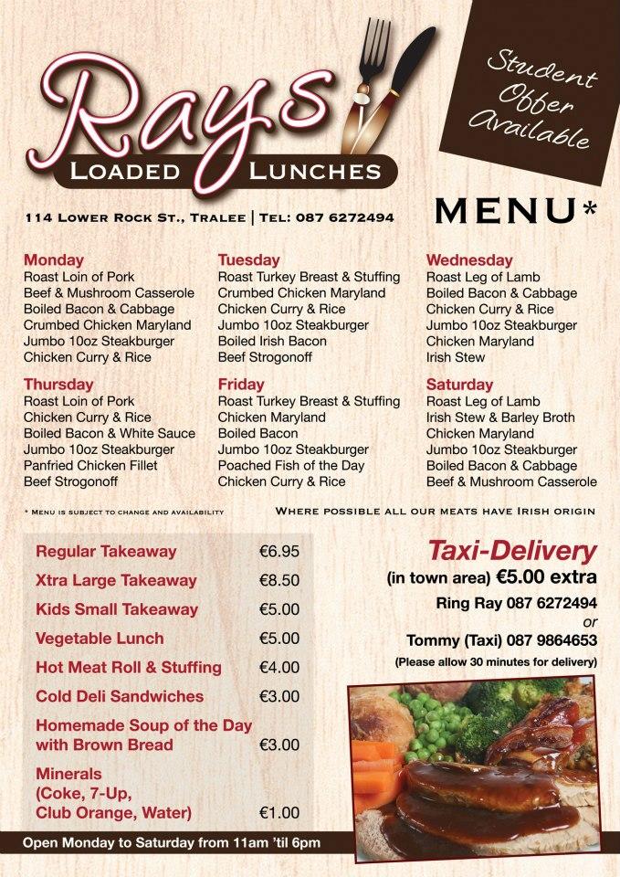 Menu at Rays Loaded Lunches restaurant, Tralee