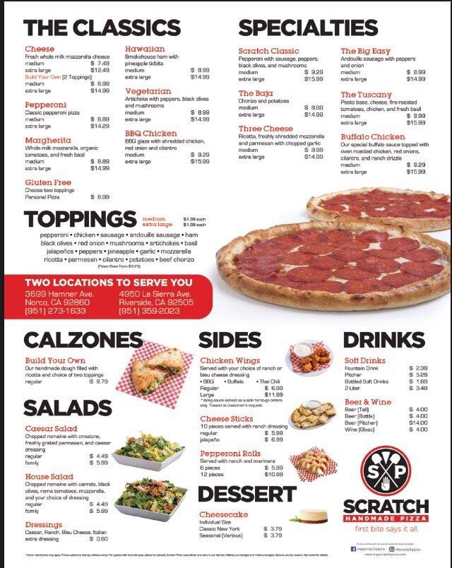 Carta de pizzería Scratch Pizza, Riverside, La Sierra Ave #8