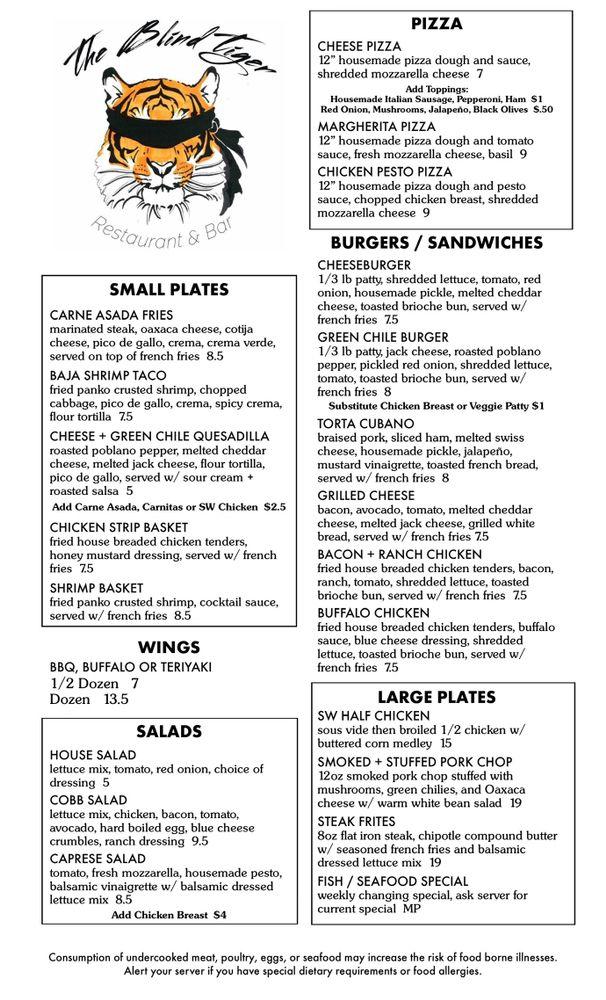 Menu at The Blind Tiger pub & bar, Tucson