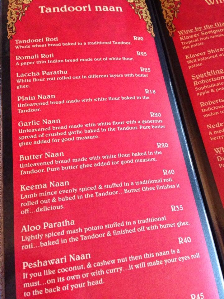 Menu at The Indian Chapter Restaurant, Cape Town