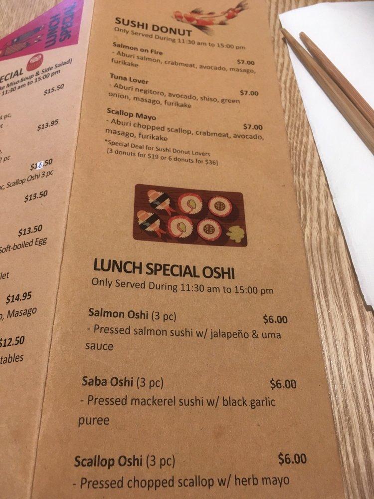 Menu at Uma Sushi restaurant, Vancouver